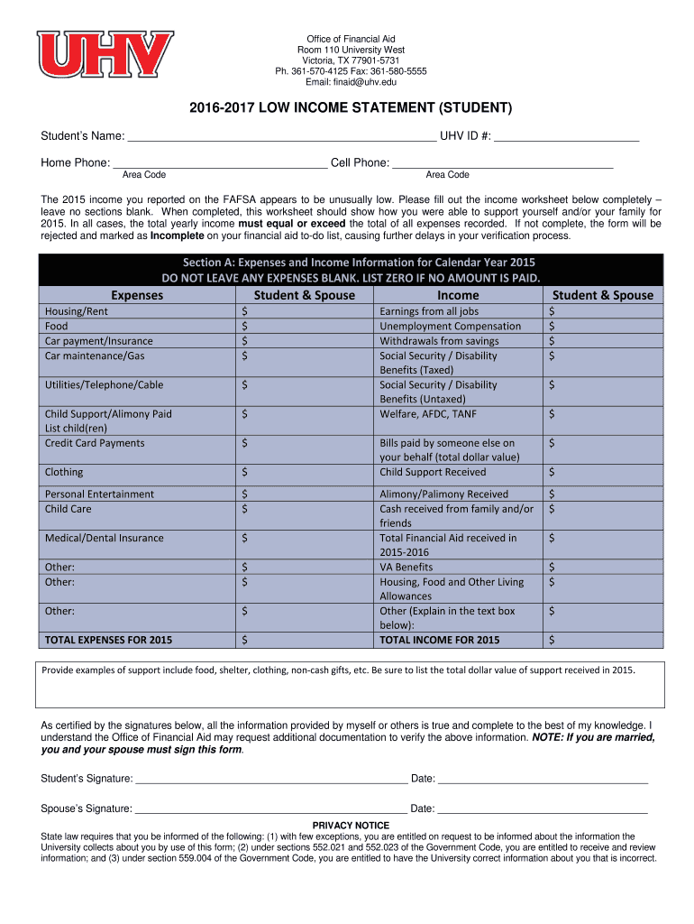Fillable Online uhv 2015-2016 LOW INCOME STATEMENT STUDENT Fax Email ...