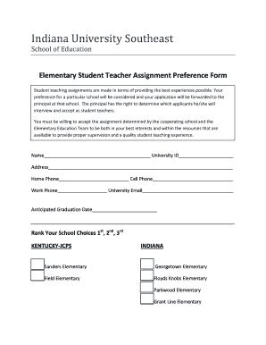 Fillable Online ius Elementary Student Teacher Assignment Preference ...