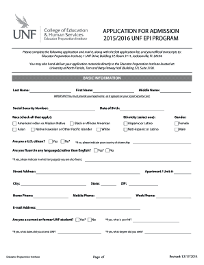 Fillable Online unf APPLICATION FOR ADMISSION 20152016 UNF EPI PROGRAM ...