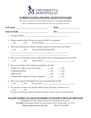 Fillable Online montevallo TUBERCULOSIS TB RISK QUESTIONNAIRE ...