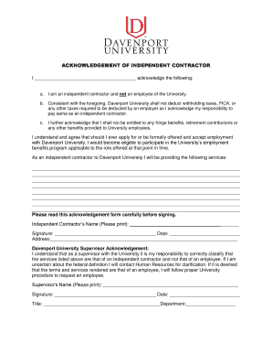 Fillable Online davenport ACKNOWLEDGEMENT OF INDEPENDENT CONTRACTOR ...