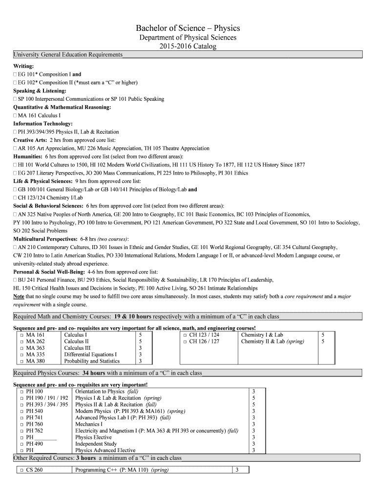 Fillable Online emporia Bachelor of Science Physics Department of Physical - emporia Fax Email ...