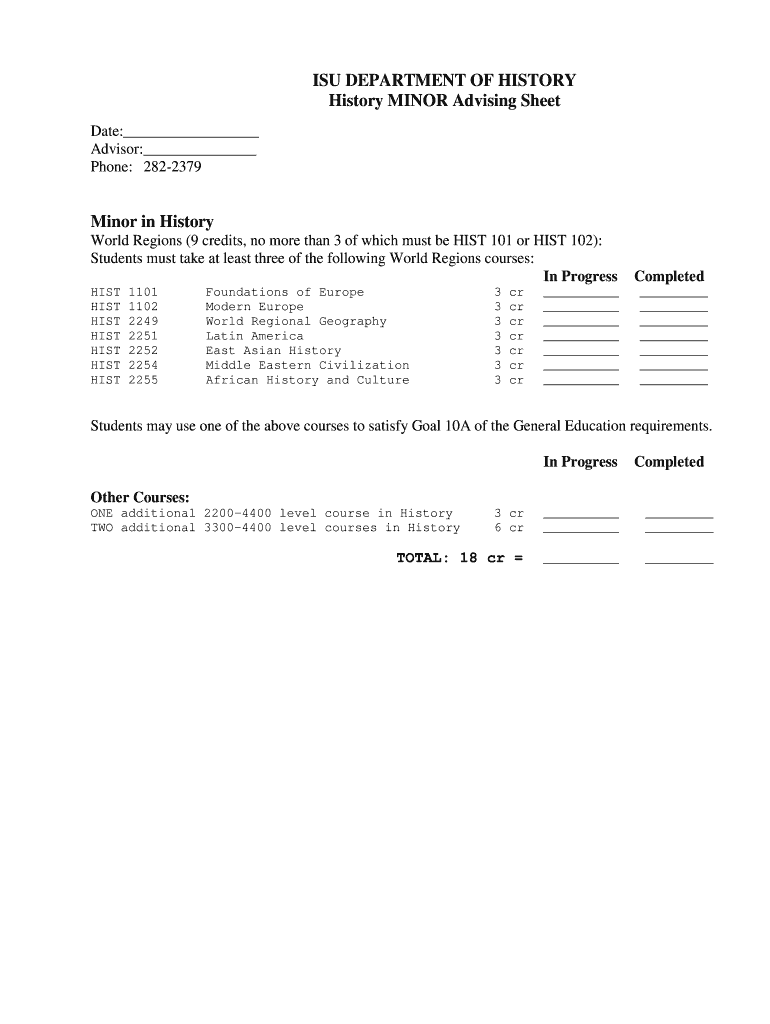 Fillable Online isu ISU DEPARTMENT OF HISTORY History MINOR Advising ...