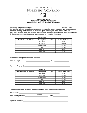 Fillable Online unco DINING SERVICES RETURN OF UNIFORM AGREEMENT ...