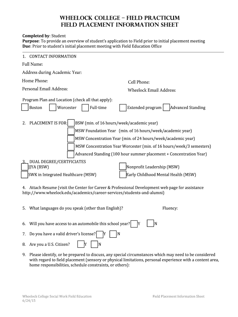 Fillable Online wheelock Wheelock College Field Practicum FIELD PLACEMENT Fax Email Print ...