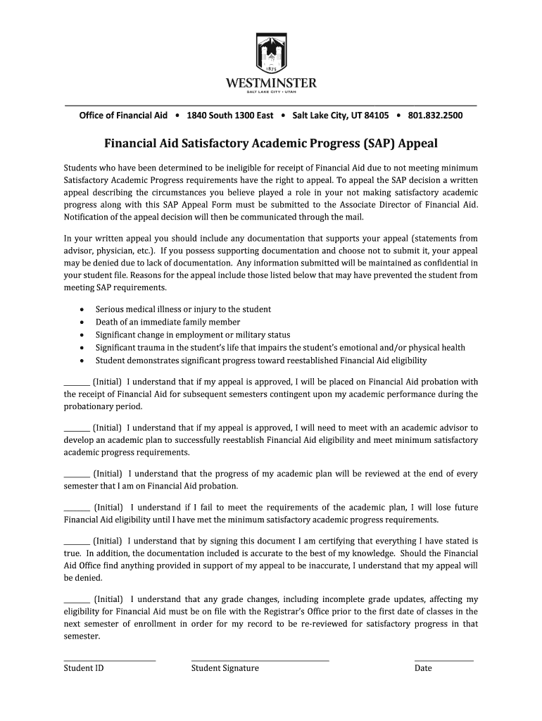 Fillable Online westminstercollege Financial Aid Satisfactory Academic ...