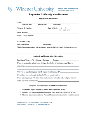 Fillable Online widener Request for I-20 Immigration Document ...