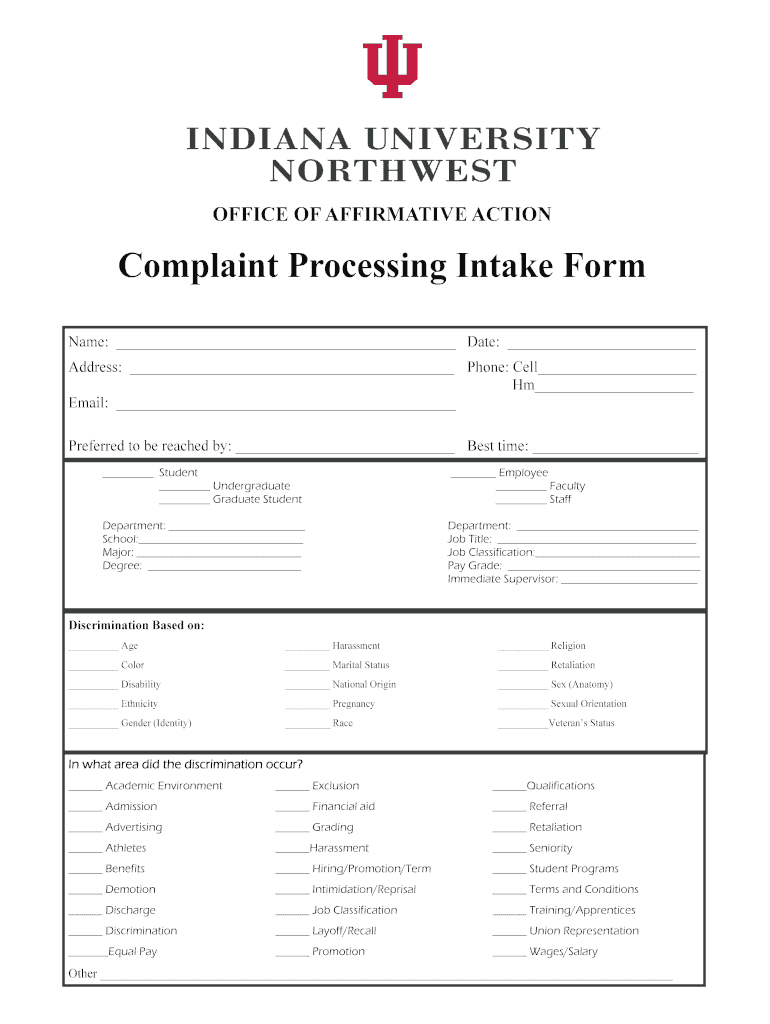 Fillable Online iun OFFICE OF AFFIRMATIVE ACTION Complaint Processing ...