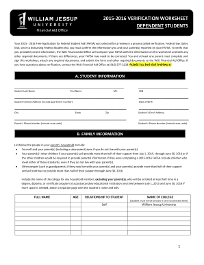 Fillable Online jessup 20152016 VERIFICATION WORKSHEET DEPENDENT STUDENTS Financial Aid Office ...