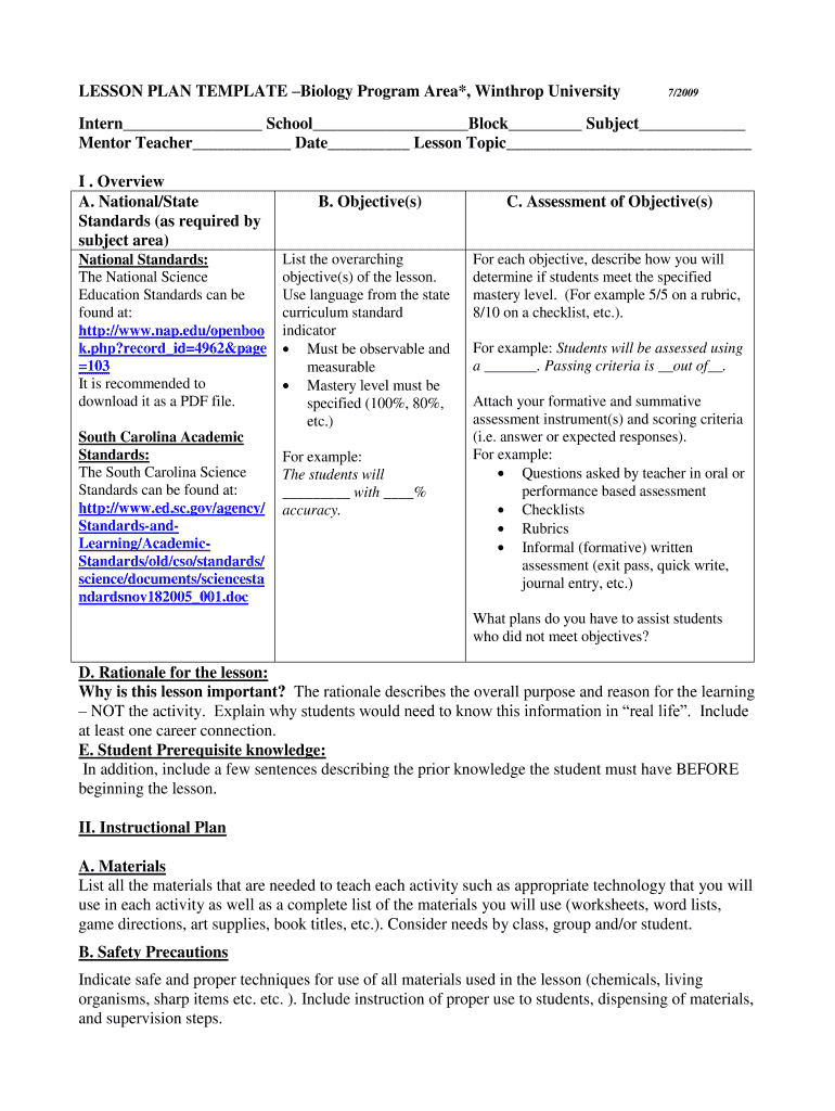 Fillable Online winthrop LESSON PLAN TEMPLATE Biology Program Area ...
