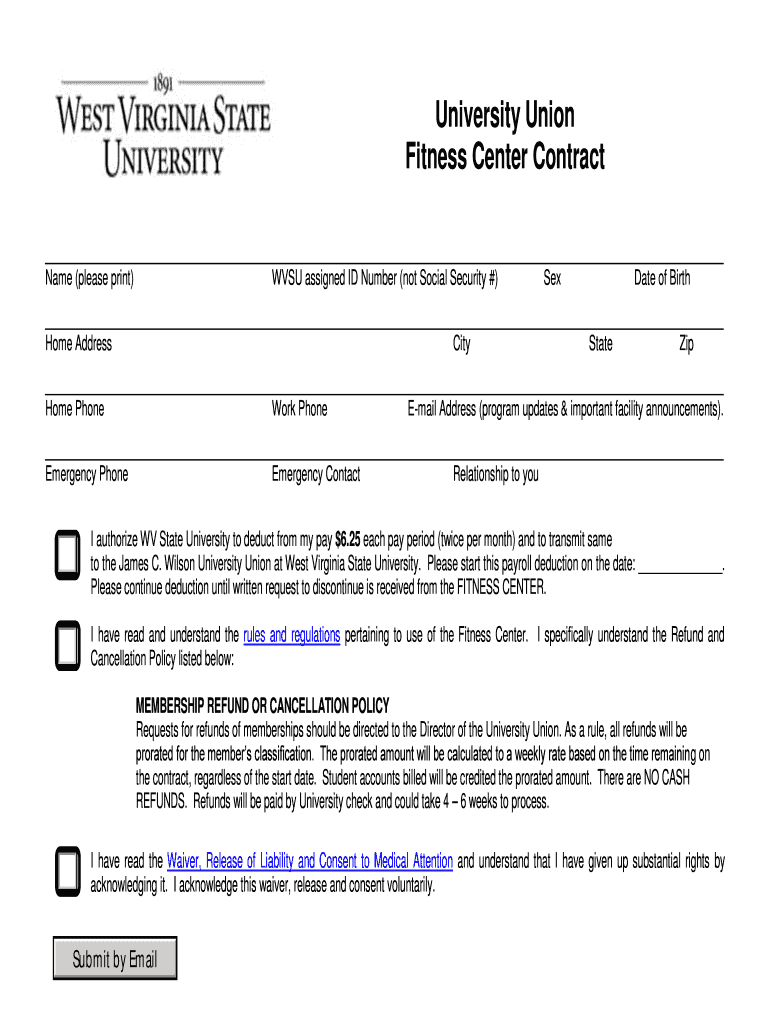 Fillable Online wvstateu University Union Fitness Center Contract Fax Email Print - pdfFiller