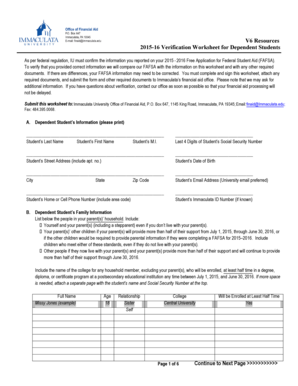 Fillable Online immaculata V6 Resources 2015-16 Verification Worksheet for Dependent ...