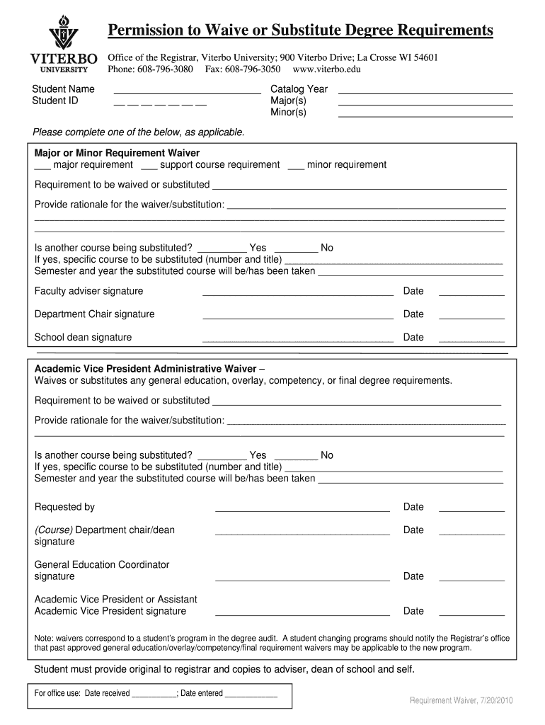 Fillable Online viterbo Permission to Waive or Substitute Degree ...