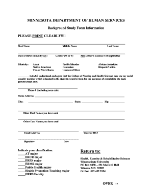 Fillable Online winona Background Study Form Information - winona Fax ...