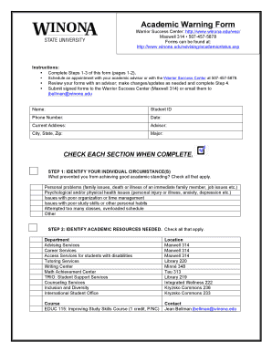 Fillable Online winona Academic Warning Form - Winona State University ...