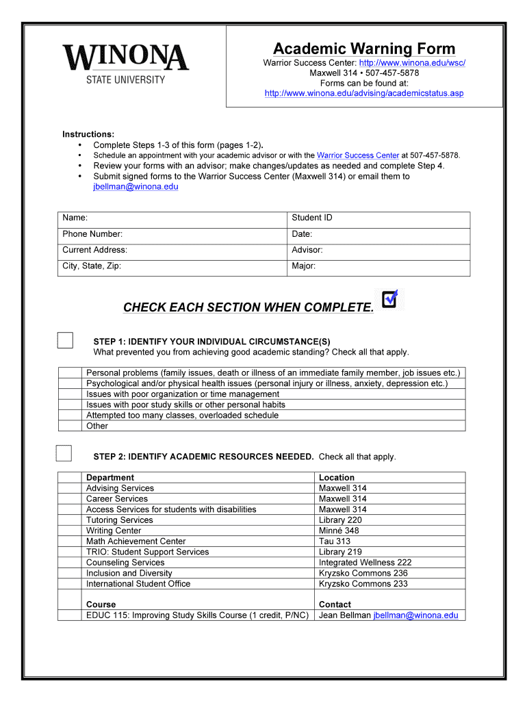 Fillable Online winona Academic Warning Form - Winona State University Fax Email Print - pdfFiller