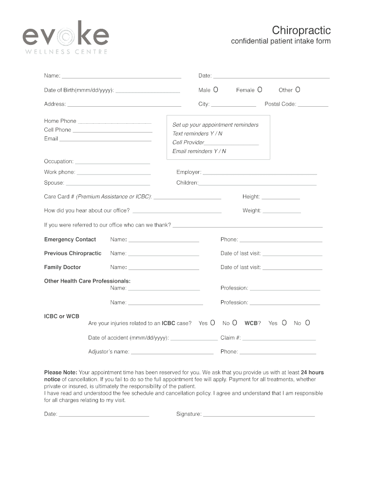 Fillable Online Chiropractic Intake Form - Evoke Wellness Centre Fax ...