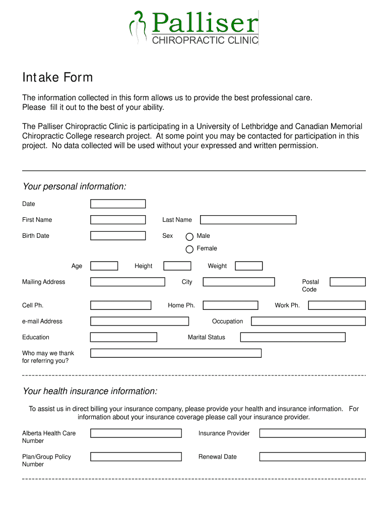 Fillable Online Intake Form - Dr Kyle Vandervalk-Chiropractor Fax Email ...