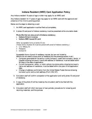 Fillable Online Indiana Resident (INRE) Card Application Policy Fax ...