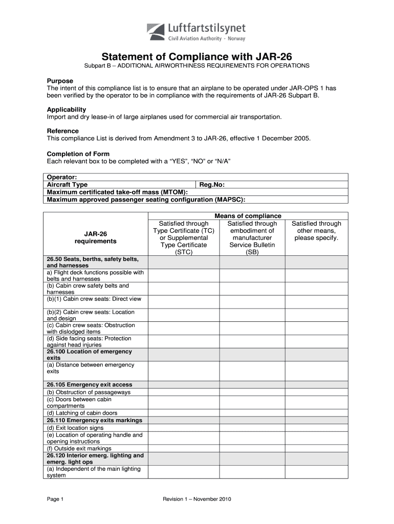 Fillable Online Statement of Compliance with JAR-26 - Luftfartstilsynet ...