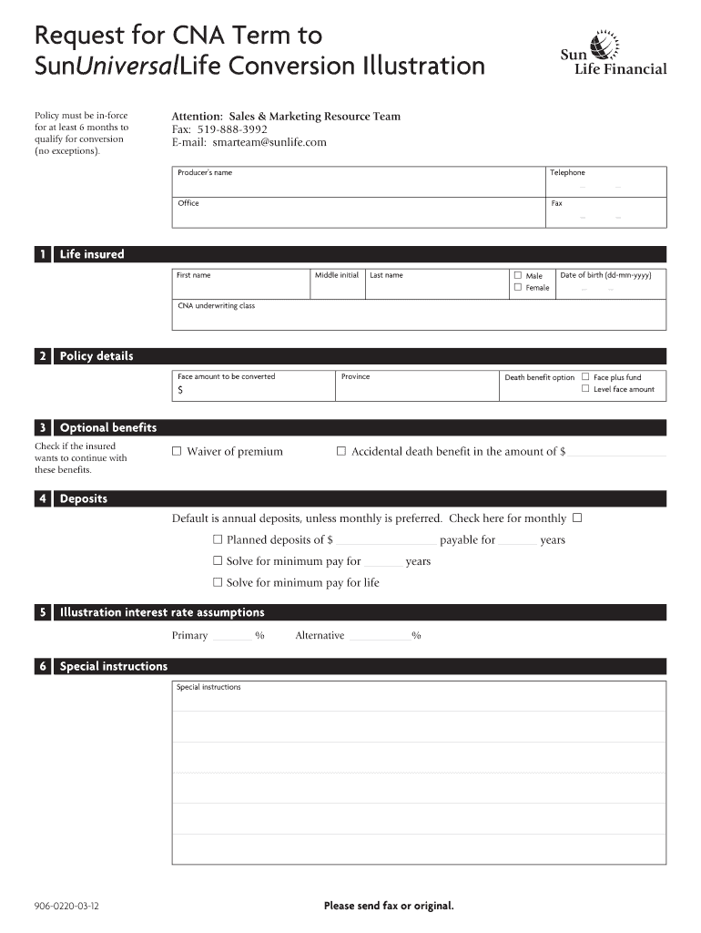 Fillable Online Request for CNA Term to SunUniversalLife Conversion Fax ...