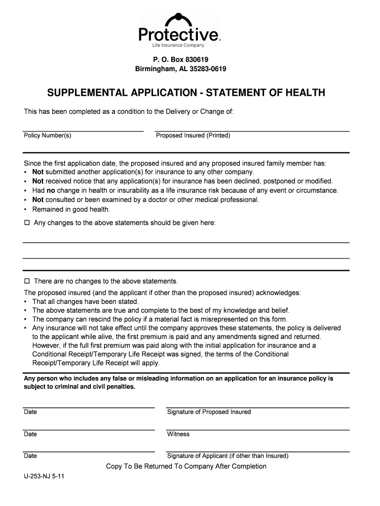 Fillable Online SUPPLEMENTAL APPLICATION - STATEMENT OF HEALTH Fax ...