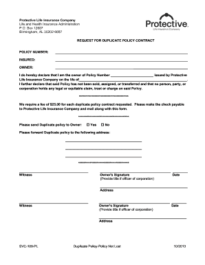 Fillable Online REQUEST FOR DUPLICATE POLICY CONTRACT POLICY NUMBER Fax ...