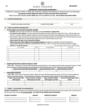 Fillable Online alma V1 2016-2017 DEPENDENT VERIFICATION WORKSHEET Verification Fax Email Print ...