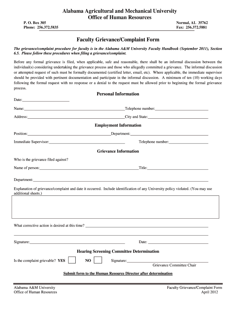 Fillable Online aamu Faculty GrievanceComplaint Form - Welcome to AAMU ...