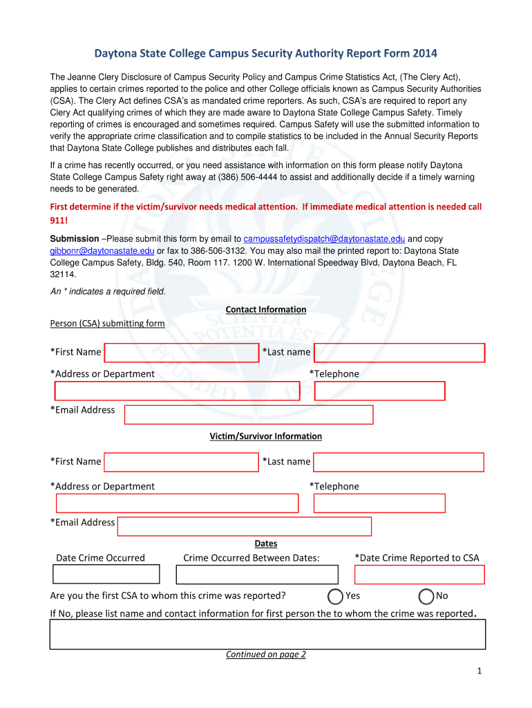 Fillable Online daytonastate Daytona State College Campus Security Authority Report Fax Email ...