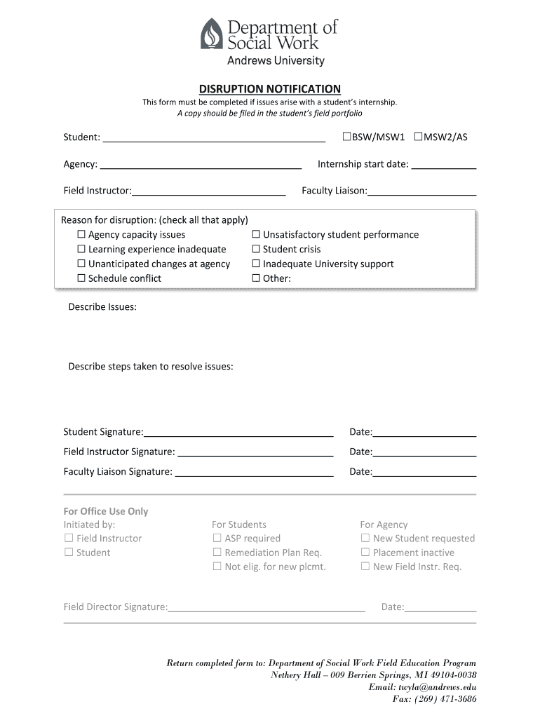 Fillable Online andrews DISRUPTION NOTIFICATION - Andrews University ...