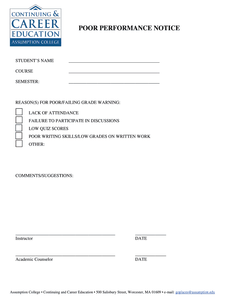 Fillable Online POOR PERFORMANCE NOTICE Fax Email Print - pdfFiller