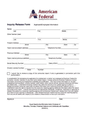 Fillable Online Background Inquiry Release Form - American Federal Bank ...