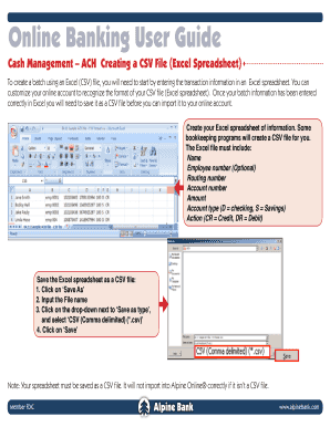Fillable Online Cash Management ACH Creating a CSV File (Excel ...