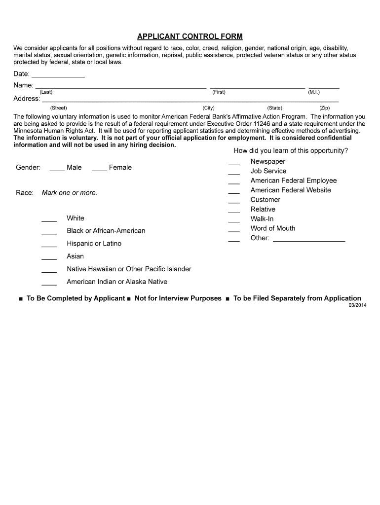 Fillable Online APPLICANT CONTROL FORM - American Federal Bank Fax ...