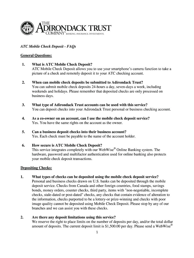 Fillable Online ATC Mobile Check Deposit - FAQs Fax Email Print - pdfFiller