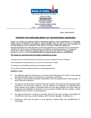 Fillable Online TENDER FOR EMPANELMENT OF ADVERTISING AGENCIES - Bank ...