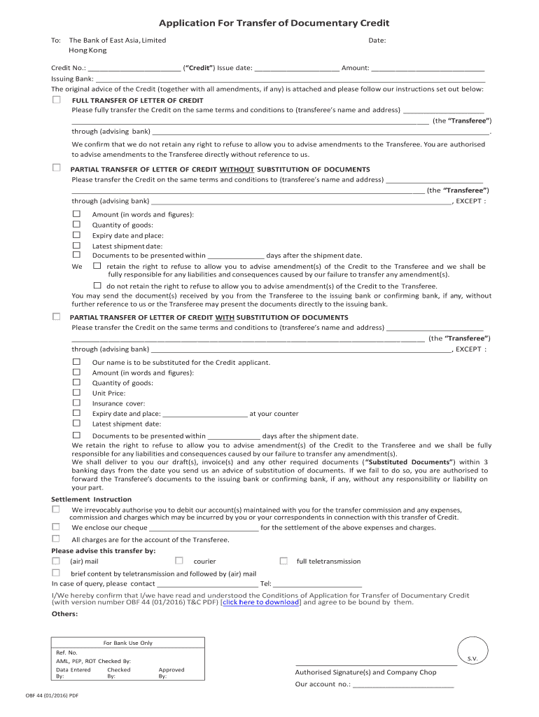 Fillable Online Application For Transfer of Documentary Credit Fax ...