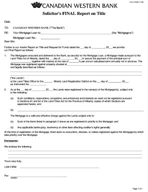 Fillable Online CANADIAN WESTERN BANK Solicitors FINAL Report on Title ...