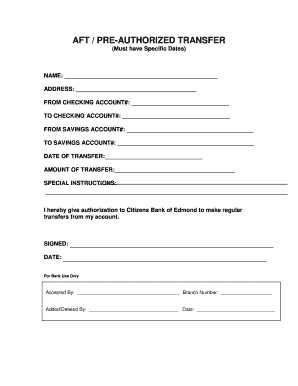 Fillable Online AFT PRE-AUTHORIZED TRANSFER - citizensedmondcom Fax ...