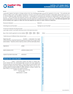 Fillable Online CAPITAL CITY BANK DRAFT AUTHORIZATION OR CANCELLATION ...