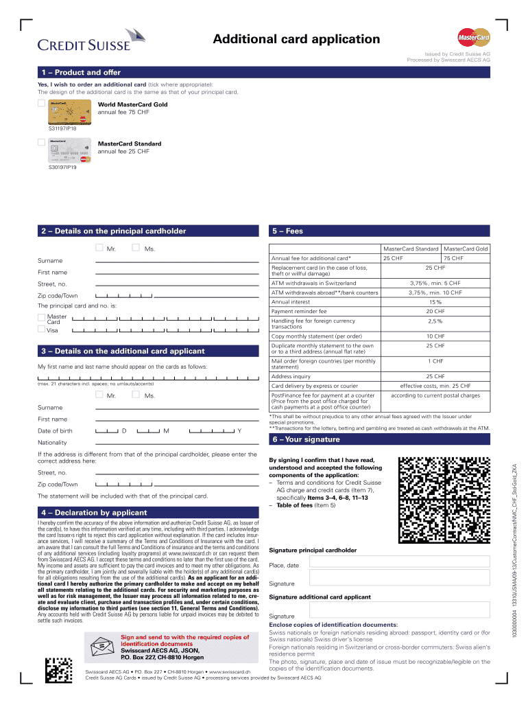 Fillable Online Additional card application Issued by Credit Suisse AG ...