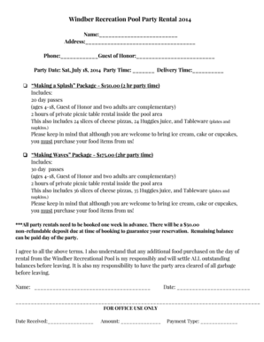 Fillable Online Windber Recreation Pool Party Rental 2014 Fax Email ...
