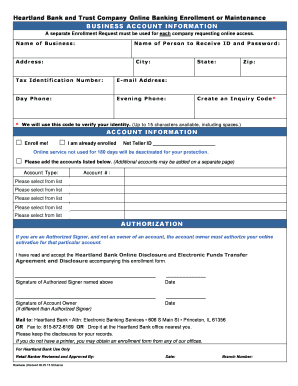 Fillable Online Business Online Banking and Bill Pay Enrollment Form ...