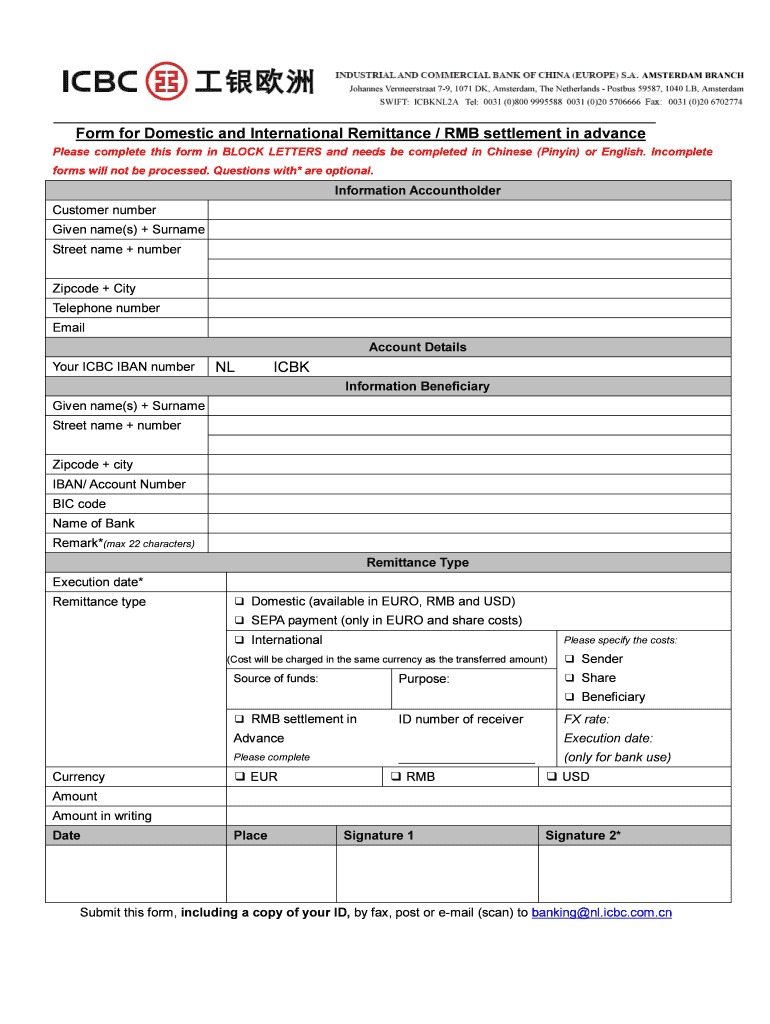 Fillable Online icbc com Form for Domestic and International Remittance ...