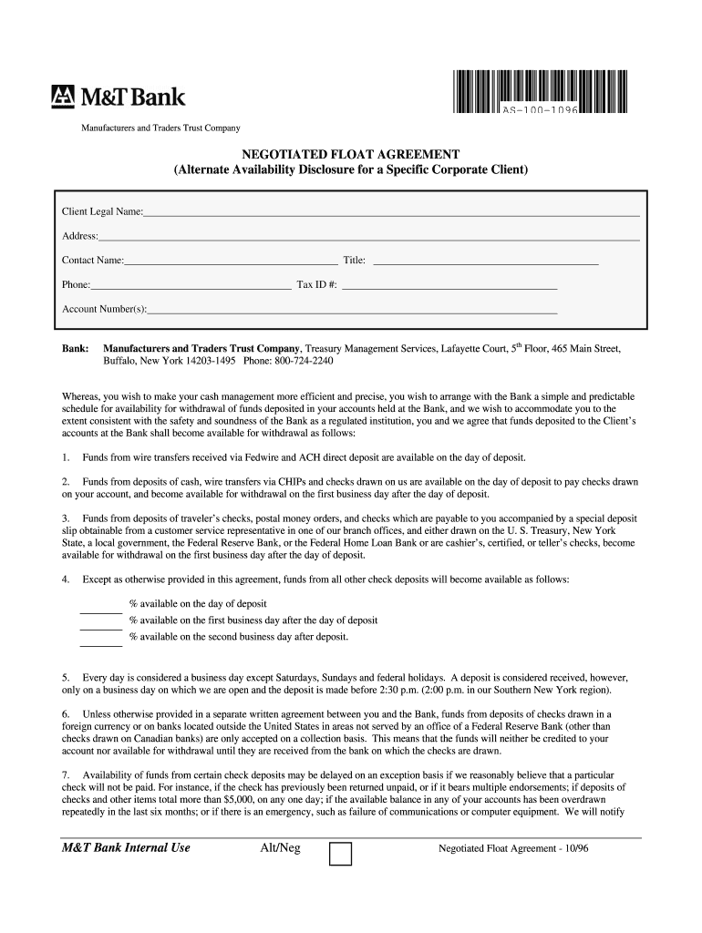 Fillable Online NEGOTIATED FLOAT AGREEMENT Alternate Availability Fax ...