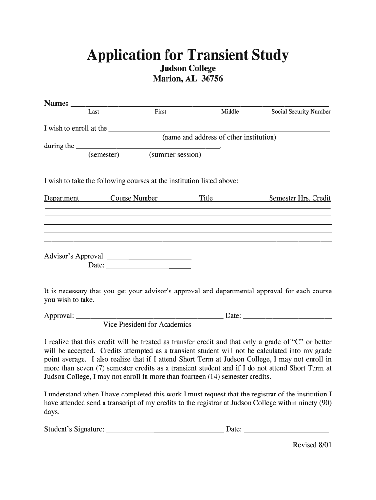 Fillable Online Approval for Transient Study - Judson College Fax Email ...
