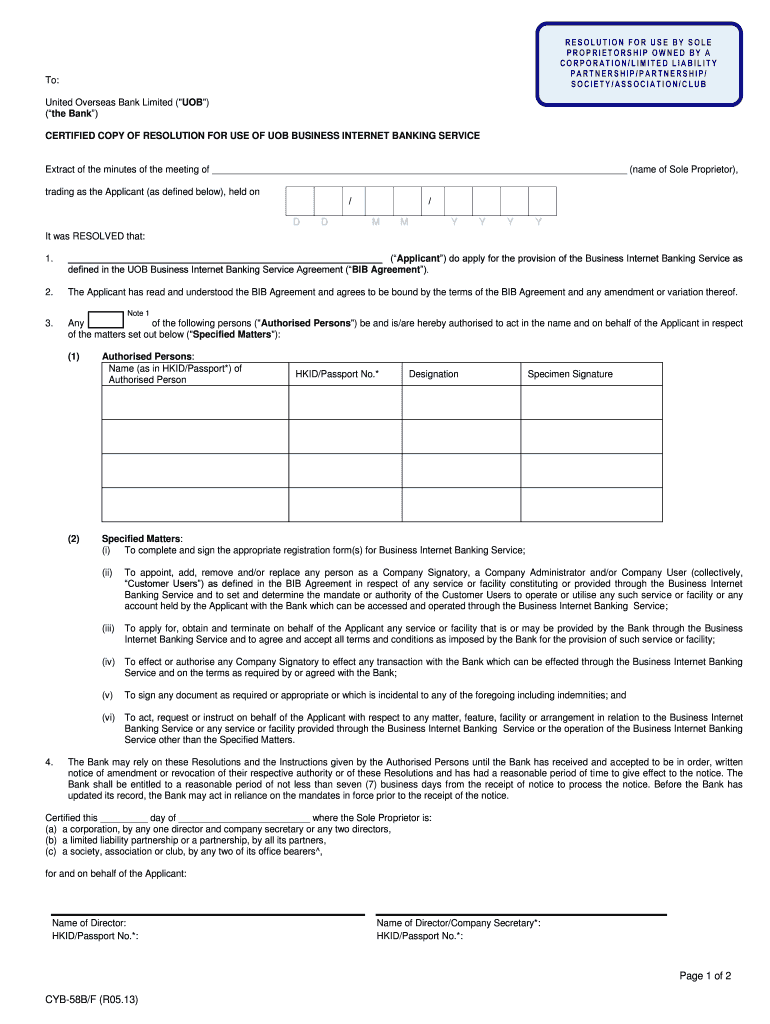Fillable Online RESOLUTION FOR USE BY SOLE PROPRIETORSHIP OWNED BY A ...