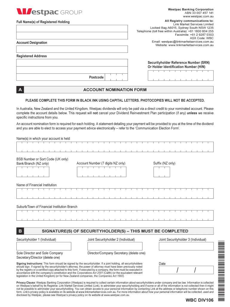 Fillable Online ACCOUNT NOMINATION FORM - Westpac Fax Email Print ...