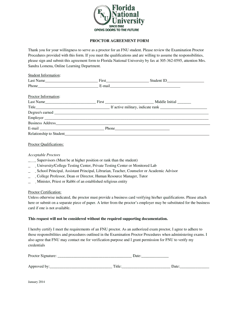 Fillable Online fnu PROCTOR AGREEMENT FORM - Florida National University Fax Email Print - pdfFiller